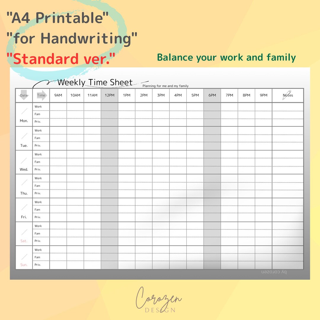 Weekly Time Sheet – Standard Version | A4 Printable PDF, 9AM-9PM ...