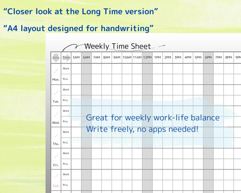 Weekly Time Sheet – Long Time Version | A4 Printable PDF, Extended ...