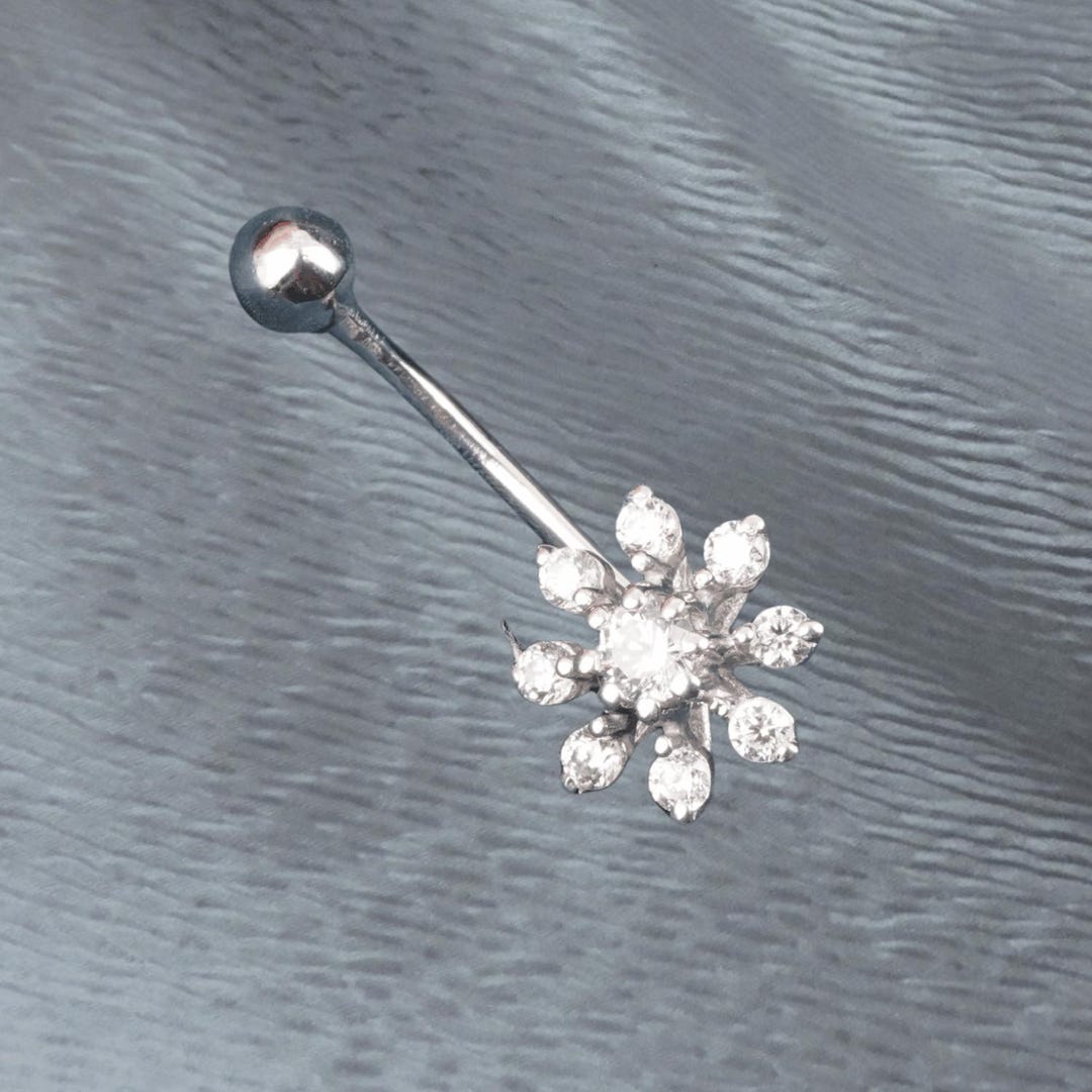 Round Natural Moissanite Belly Button Ring, 14k White Gold Moissanite ...