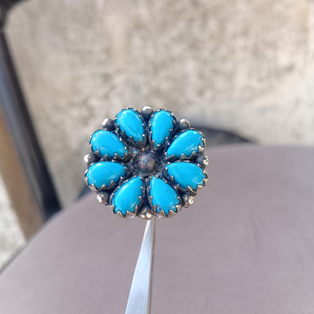 Vintage Turquoise Cluster Ring: Sterling Silver Floral Boho Jewelry - Etsy