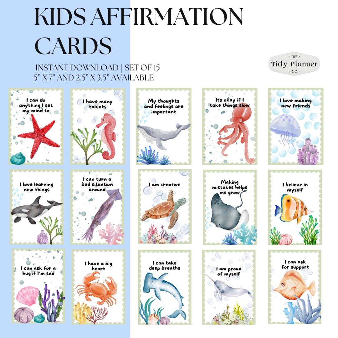 Printable Kids Affirmation Cards PDF | Ocean Theme | 15 Watercolor Sea ...