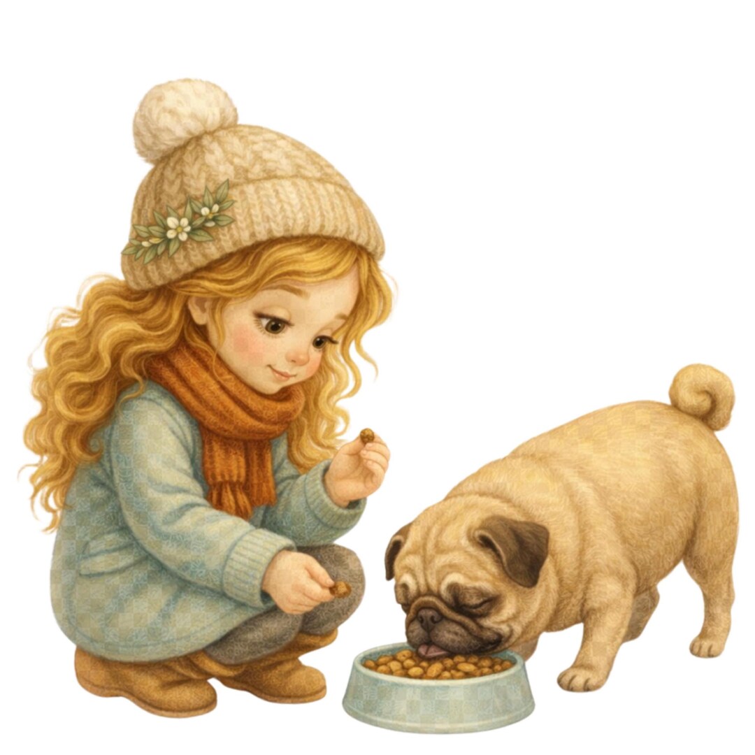 Girl Feeding Pug Illustration, Child and Dog Care Scene, Cozy Storybook ...