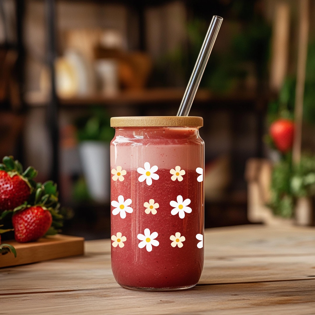 Daisy Flower Glass Tumbler, Cute Sipper Cup With Lid, White and Yellow ...
