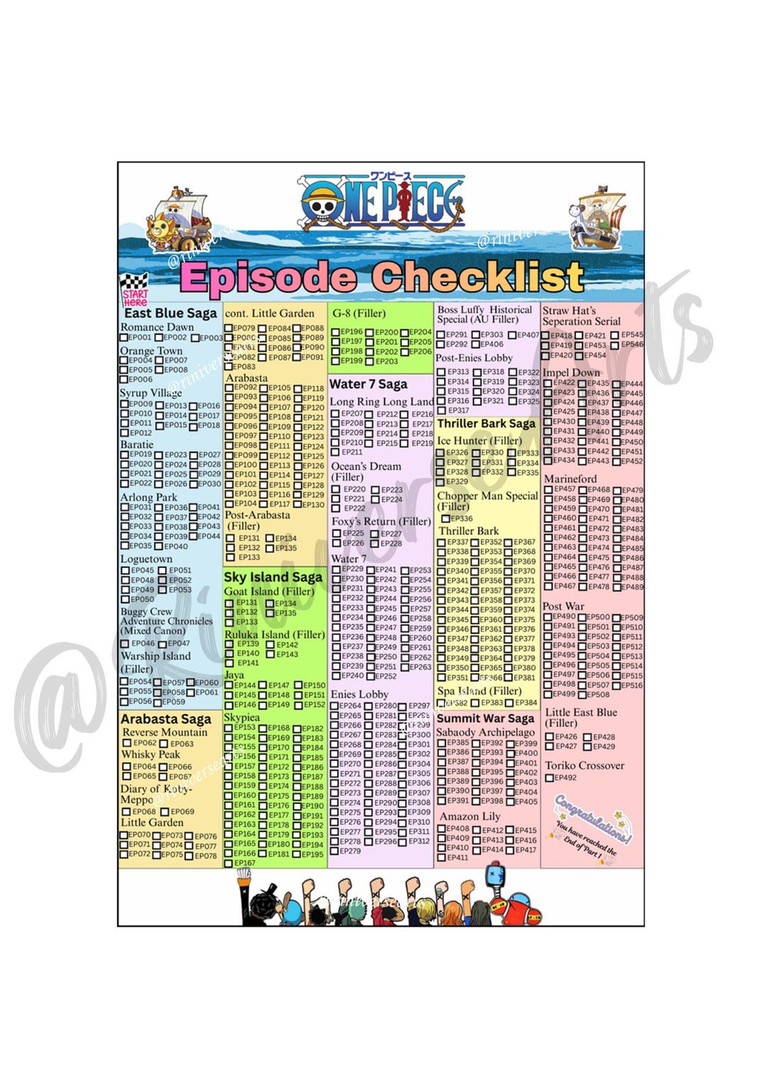 One Piece Anime Episode Checklist: Straw Hat Crew Tracker Planner (ep ...