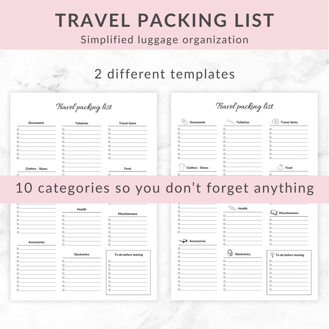 Printable Travel Packing List Baggage Vacation Checklist PDF Trip ...