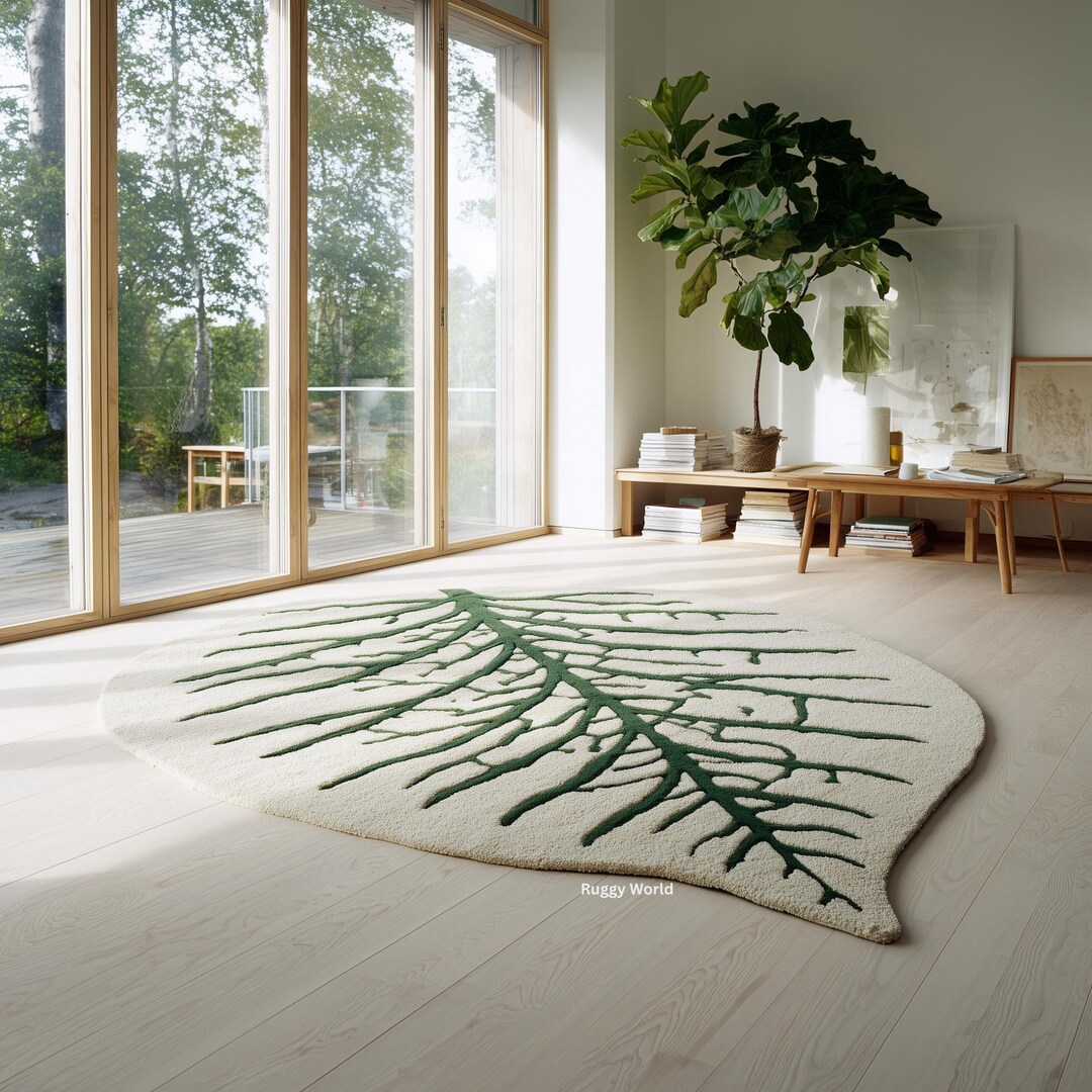 Modern Botanical Rug – Leaf Design Handmade Wool Area Carpet for Living ...