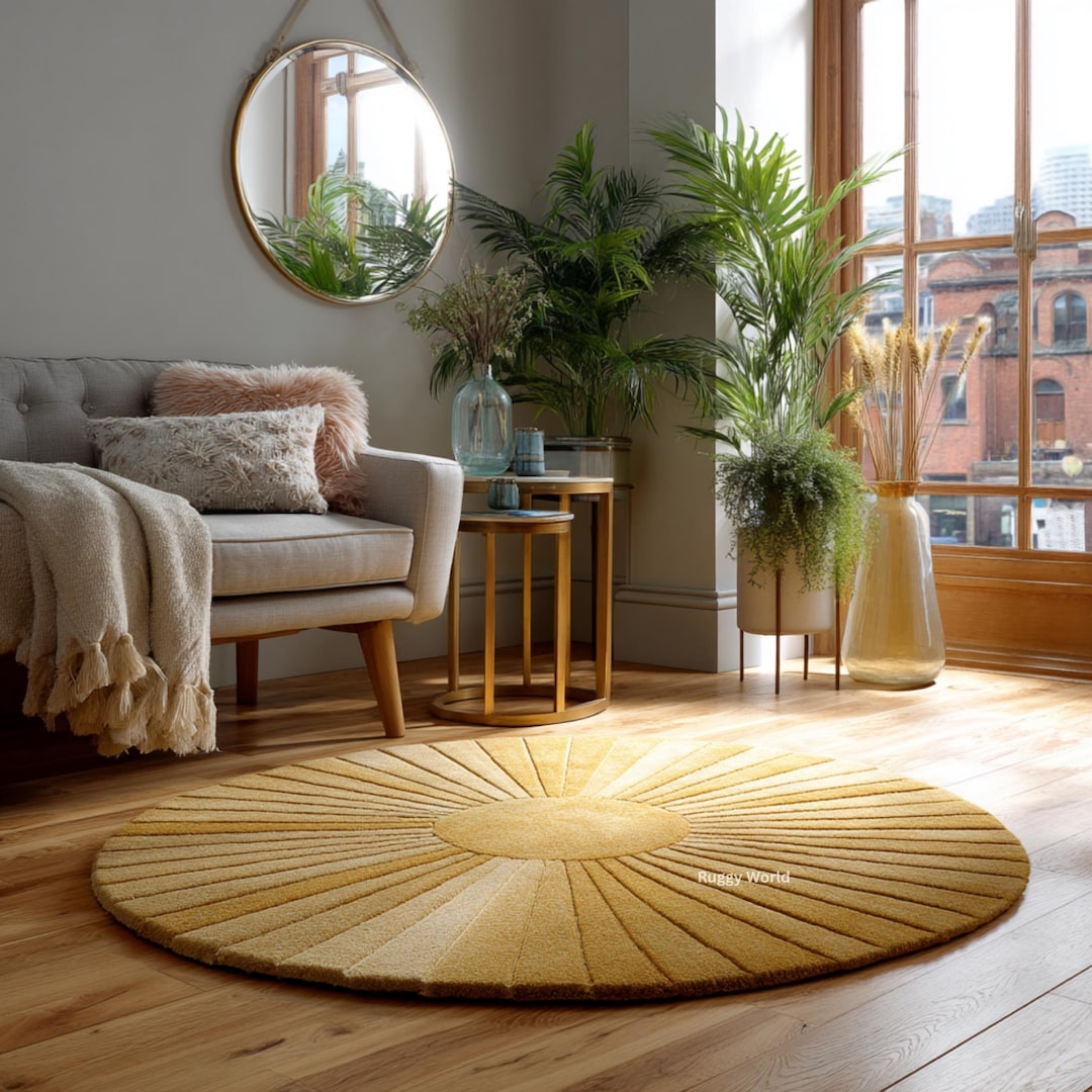 Sun Rug | Handmade Round Wool Rug With Golden Radiating Design - Etsy