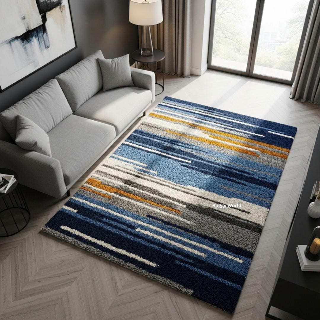 Modern Abstract Blue Wool Rug, Linear Stripe Hand Tufted Area Rug, Navy ...
