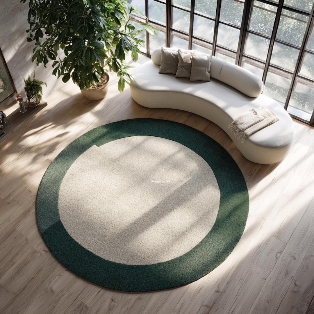 Modern Round Green Rug | Hand Tufted Minimalist Area Rug | Cream Circle ...