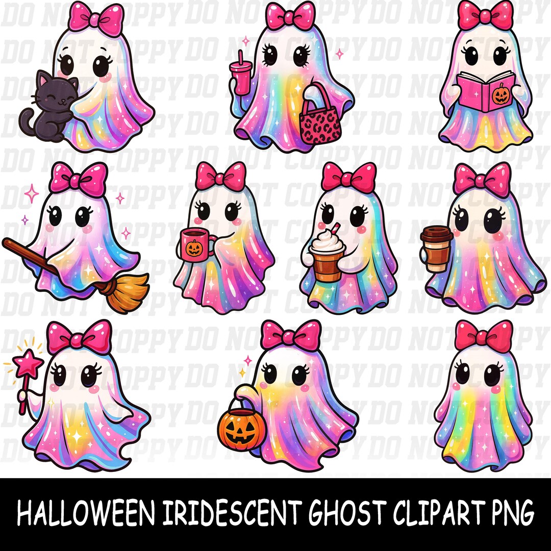 Kawaii Iridescent Ghost Clipart PNG Bundle, Cute Halloween Rainbow ...
