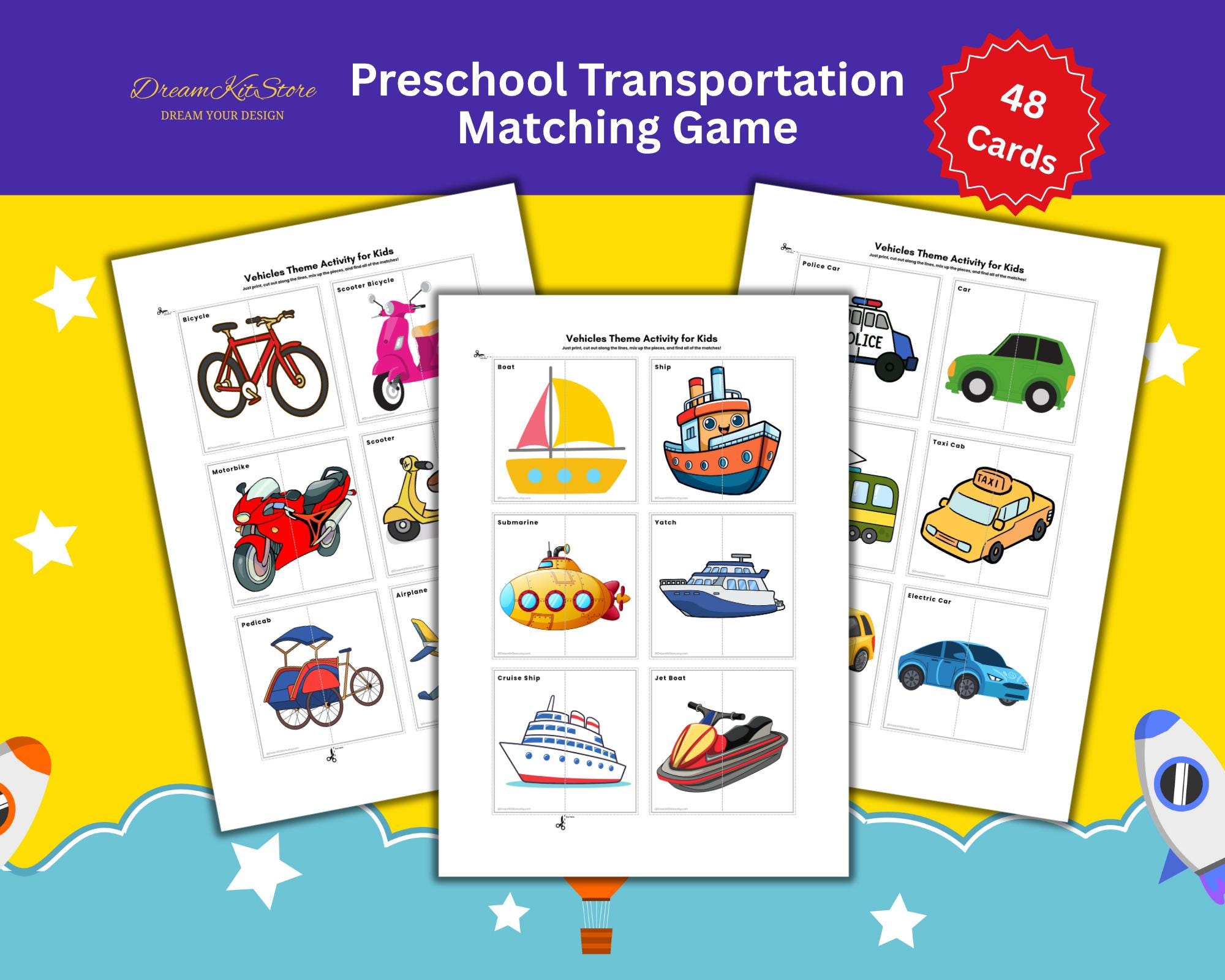 Printable Transportation Matching Game, Toddler Matching Activity, Kids ...