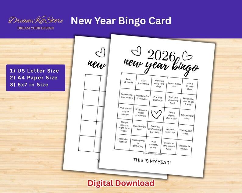 Carte de bingo du Nouvel An 2026, tableau de visualisation, jeu de buts ...