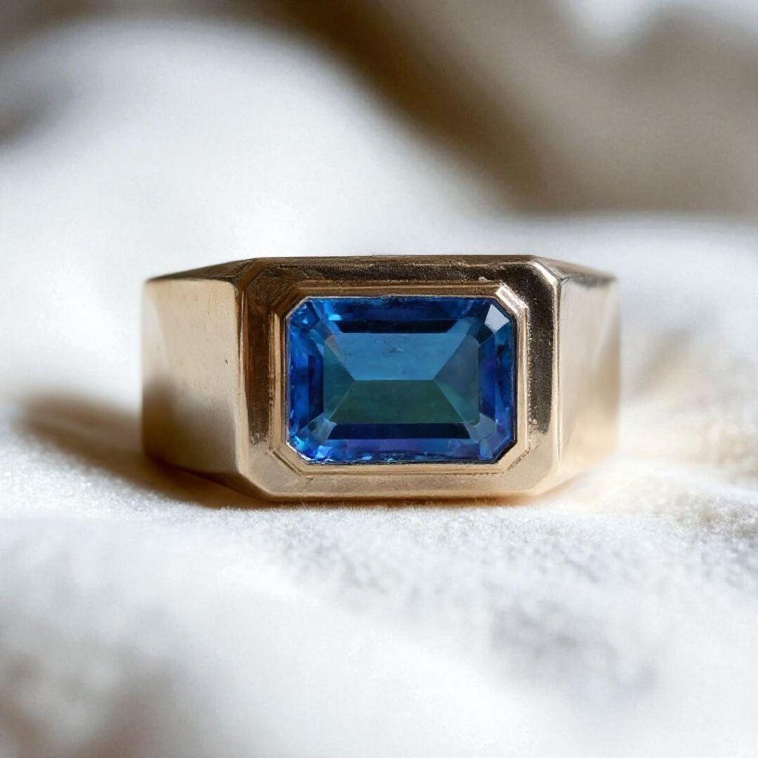 Men's Sterling Silver Blue Topaz Signet Ring: Emerald Cut Gemstone - Etsy