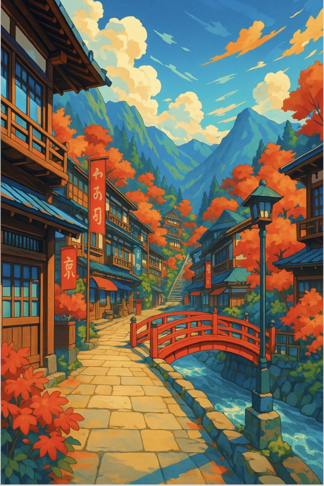 Anime Style Japanese Village Landscape | Vibrant Digital Wall Art ...