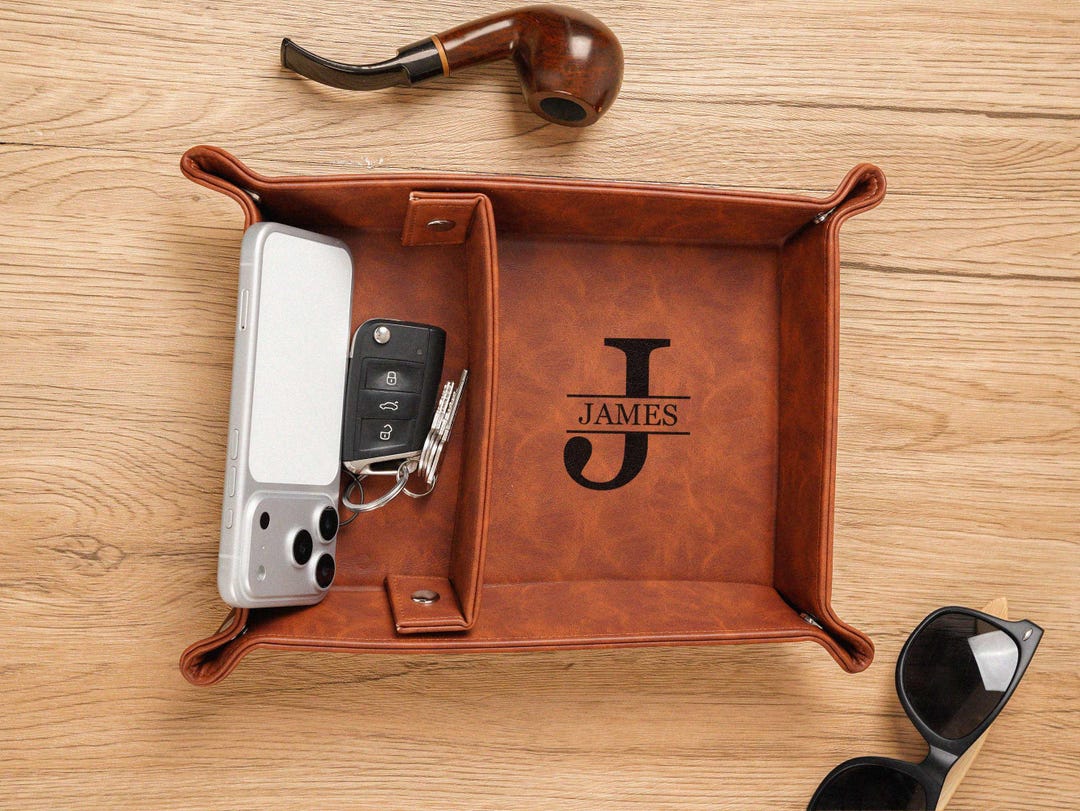 Personalized Leather Valet Tray for Men Custom Catchall Organizer for ...