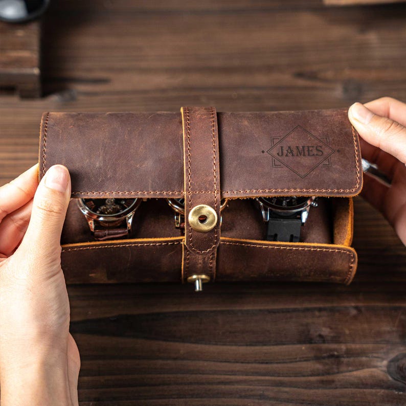 Personalized Leather Watch Roll Custom Travel Watch Case Genuine ...