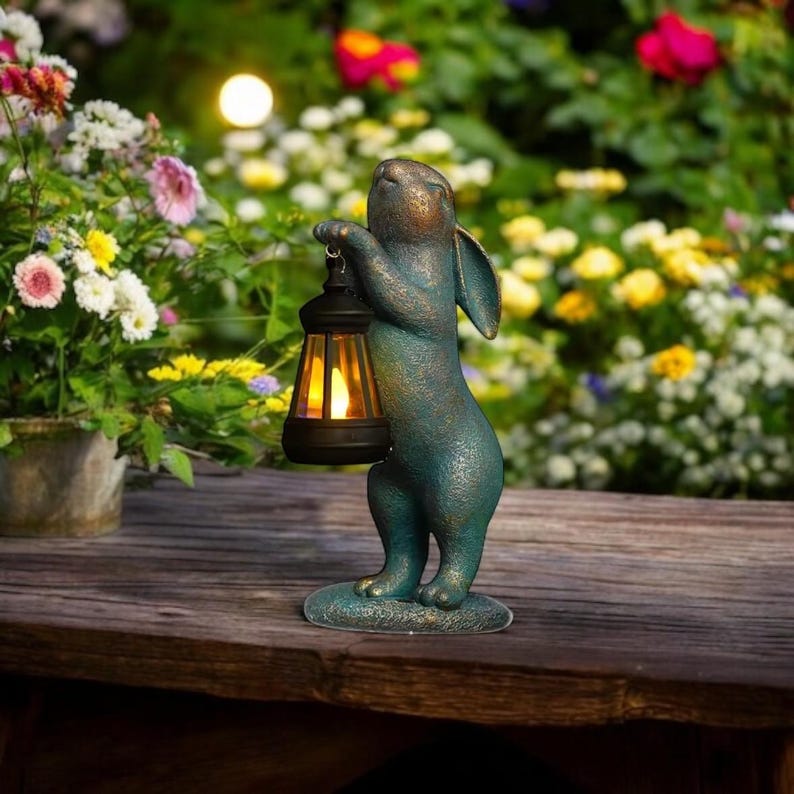 Solar Lantern Rabbit Garden Statue: Whimsical Outdoor Decor - Etsy