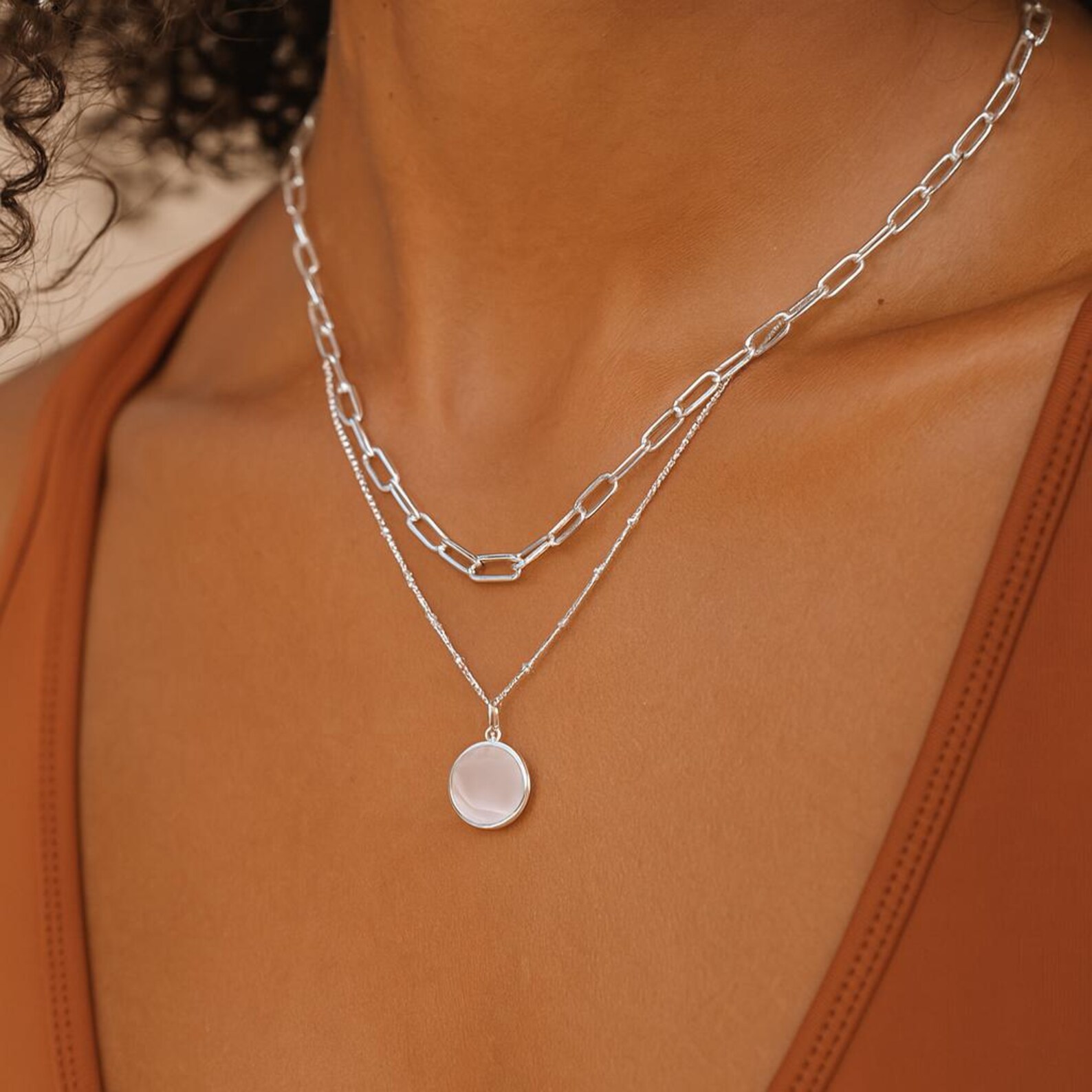 Silver Layered Chain Necklace – Minimal Round Pendant Necklace for ...