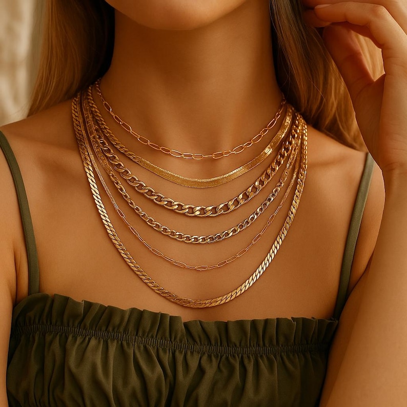 Layered Gold Chain Necklace Set: Chunky Multi-strand Statement Jewelry ...