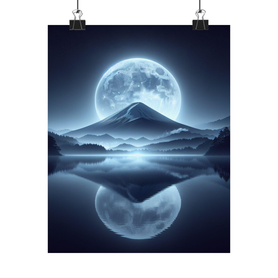 Dual Mount Fuji Moon Poster Japanese Zen Art Vertical Wall Print Lake ...