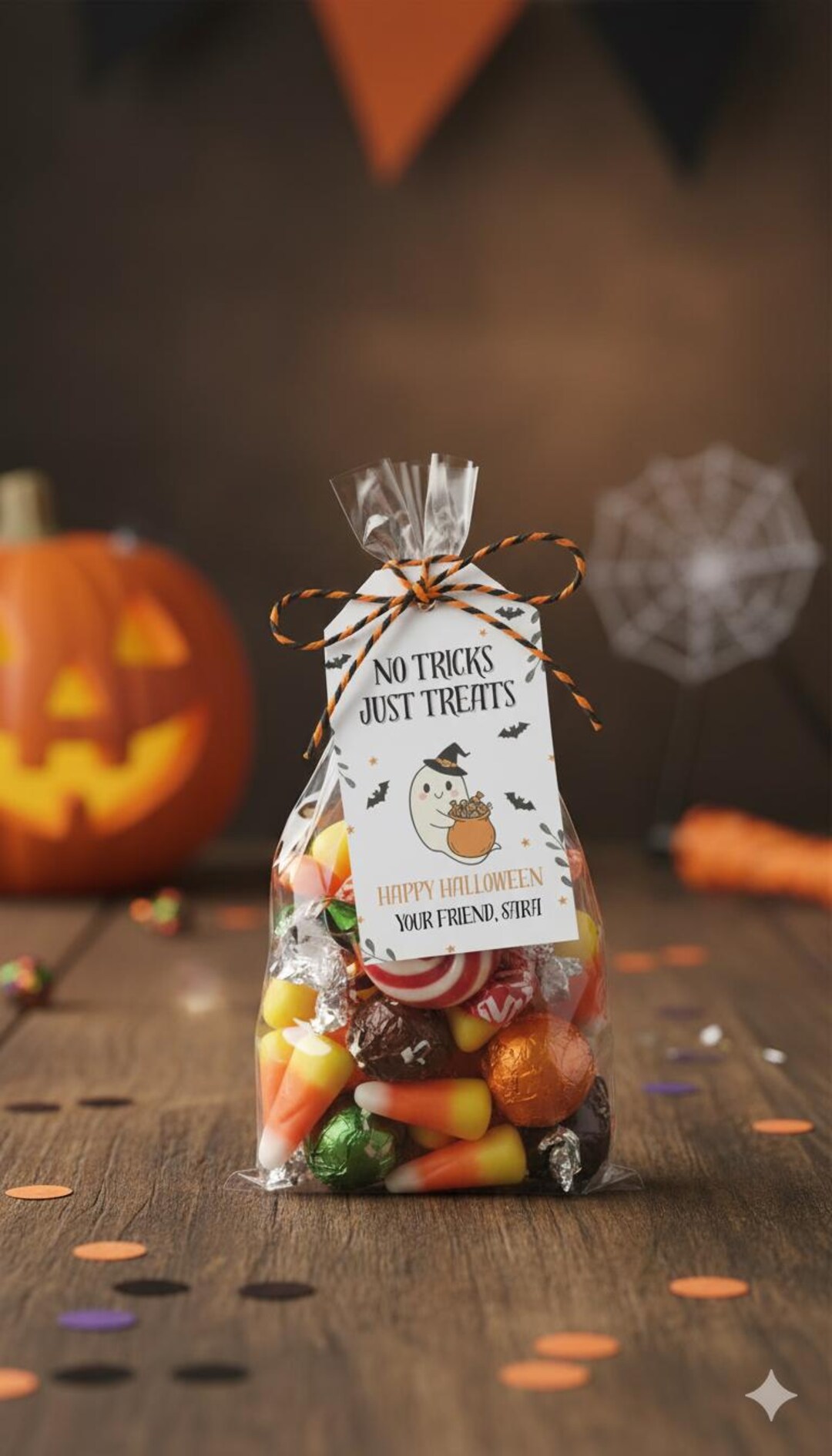 Editable Halloween Favor Tag No Tricks Just Treats Ghost Design ...
