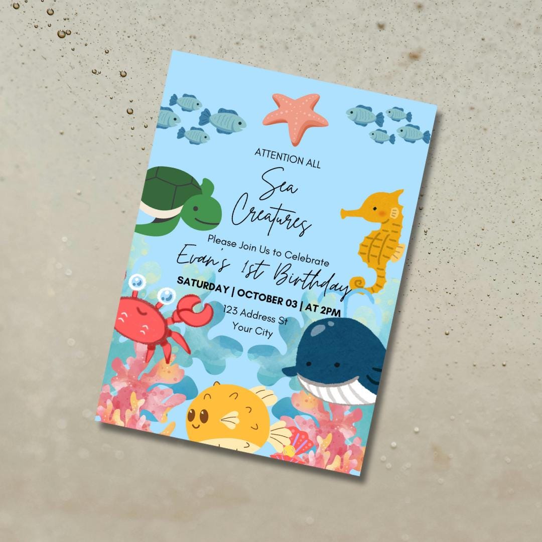 Editable Sea Animals Birthday Invite | Under the Sea 1st Birthday Party ...
