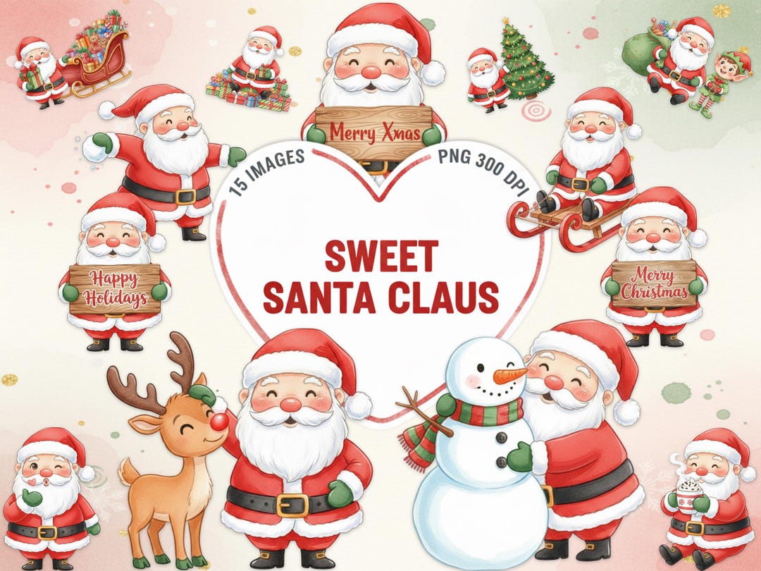 Santa Claus Clipart Set: 15 Christmas Pngs for Cards, Sublimation, and ...