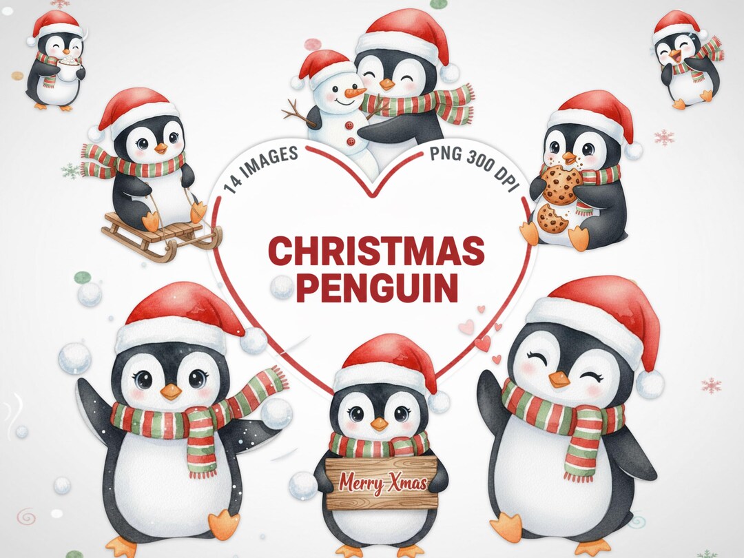 Sweet Christmas Penguin Clipart Set: 14 Festive Pngs for Winter Crafts ...