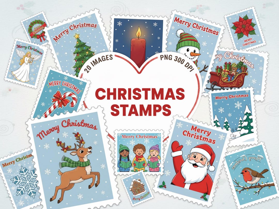 Christmas Stamps Clipart Set: 20 Holiday Pngs for Scrapbooking, Cards ...