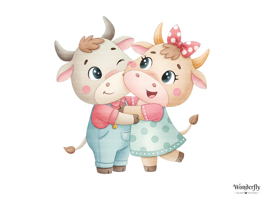 16 Cute Couple of Bulls Clipart Set: Watercolor Pngs for Card Making ...