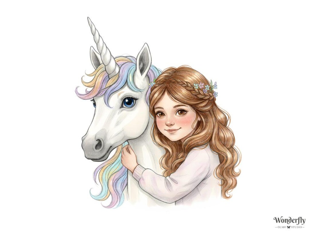 14 Little Girl With Unicorn Clipart: Watercolor Pngs (digital Download ...