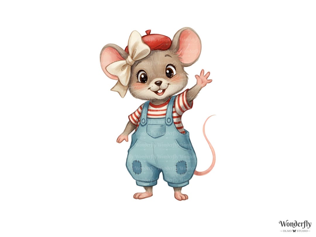 15 Mouse in Overalls With Bow and Beret Clipart: Kids Pngs (digital ...