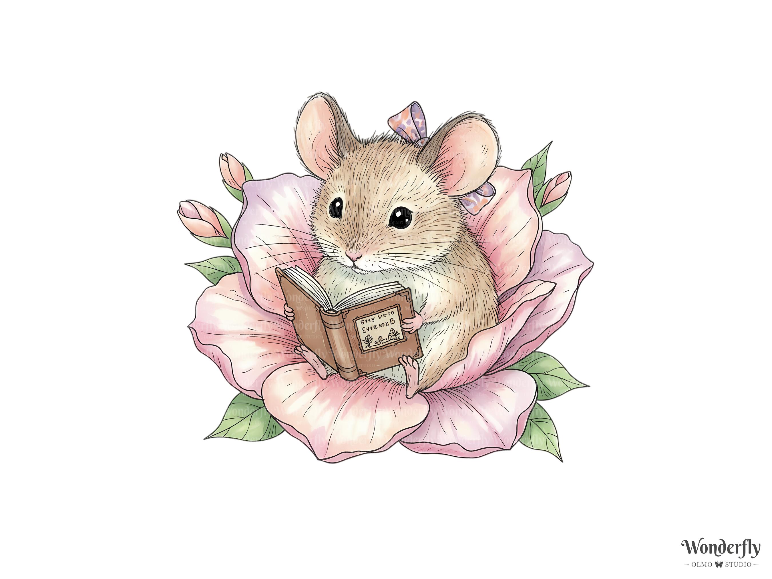 9 Floral Mouse Reading Book (hatch Sketch Watercolor) Clipart ...