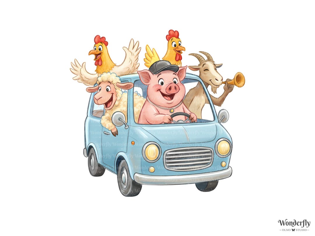 6 Farm Animals Driving a Van Clipart: Cartoon Pngs (digital Download ...