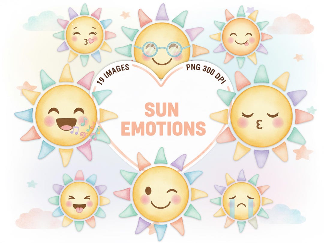 Pastel Watercolor Sun Emotion Clipart: 19 Character Pngs (digital ...