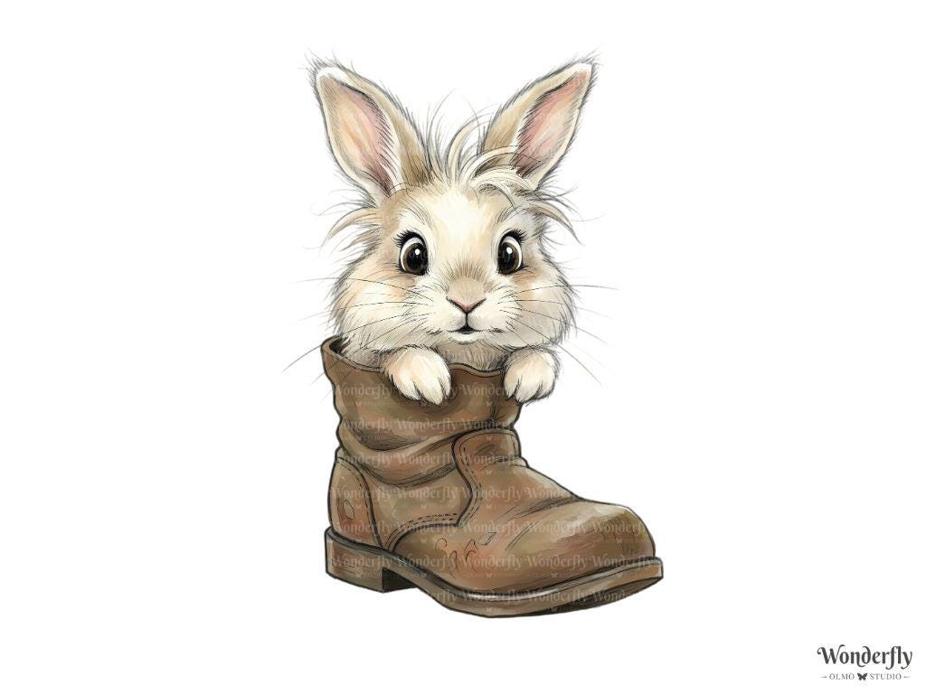 11 Fluffy Rabbit Peeking Out From Old Boot Clipart: Watercolor Pngs ...