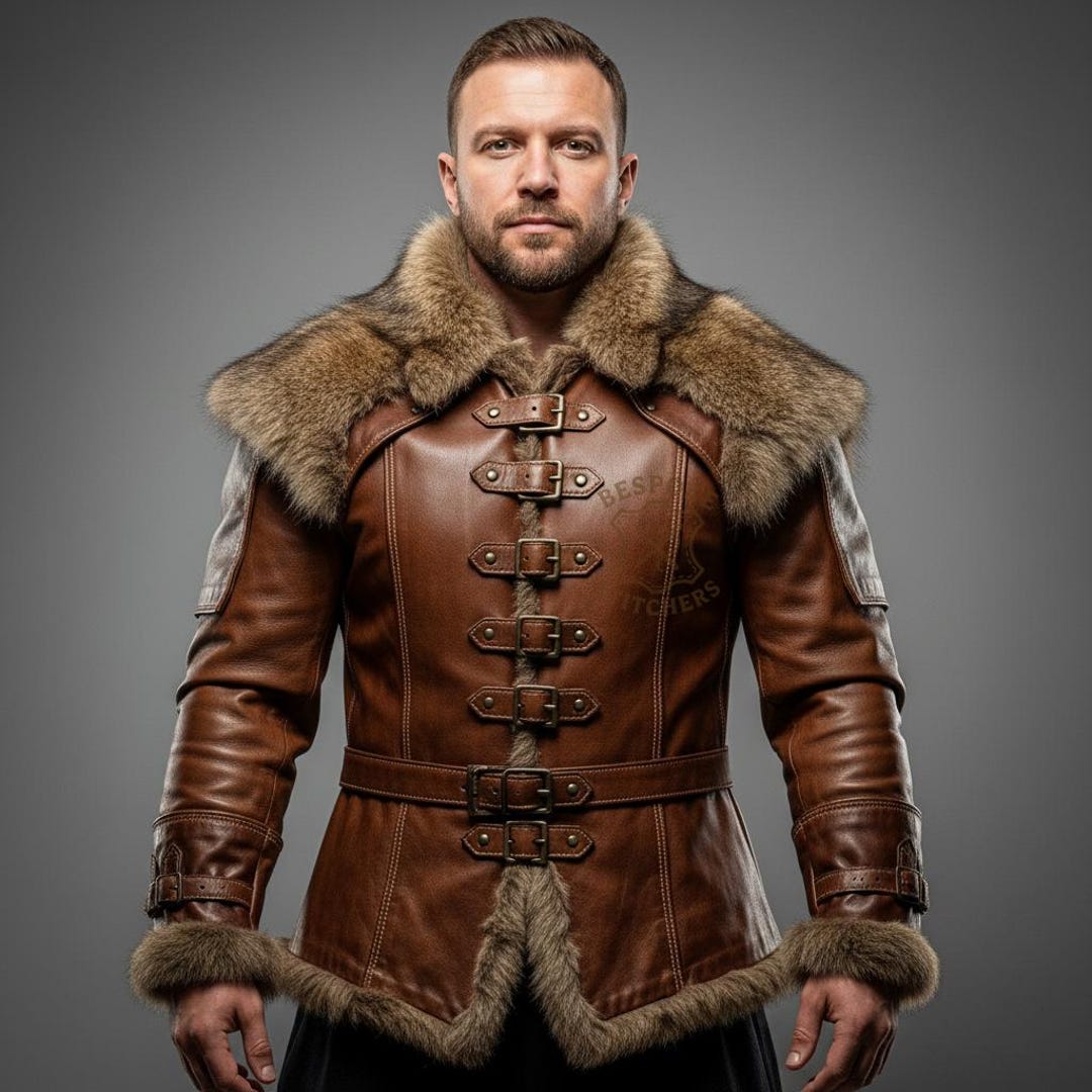 Handmade Brown Genuine Leather Coat | Custom Fur Trim Jacket | Medieval ...