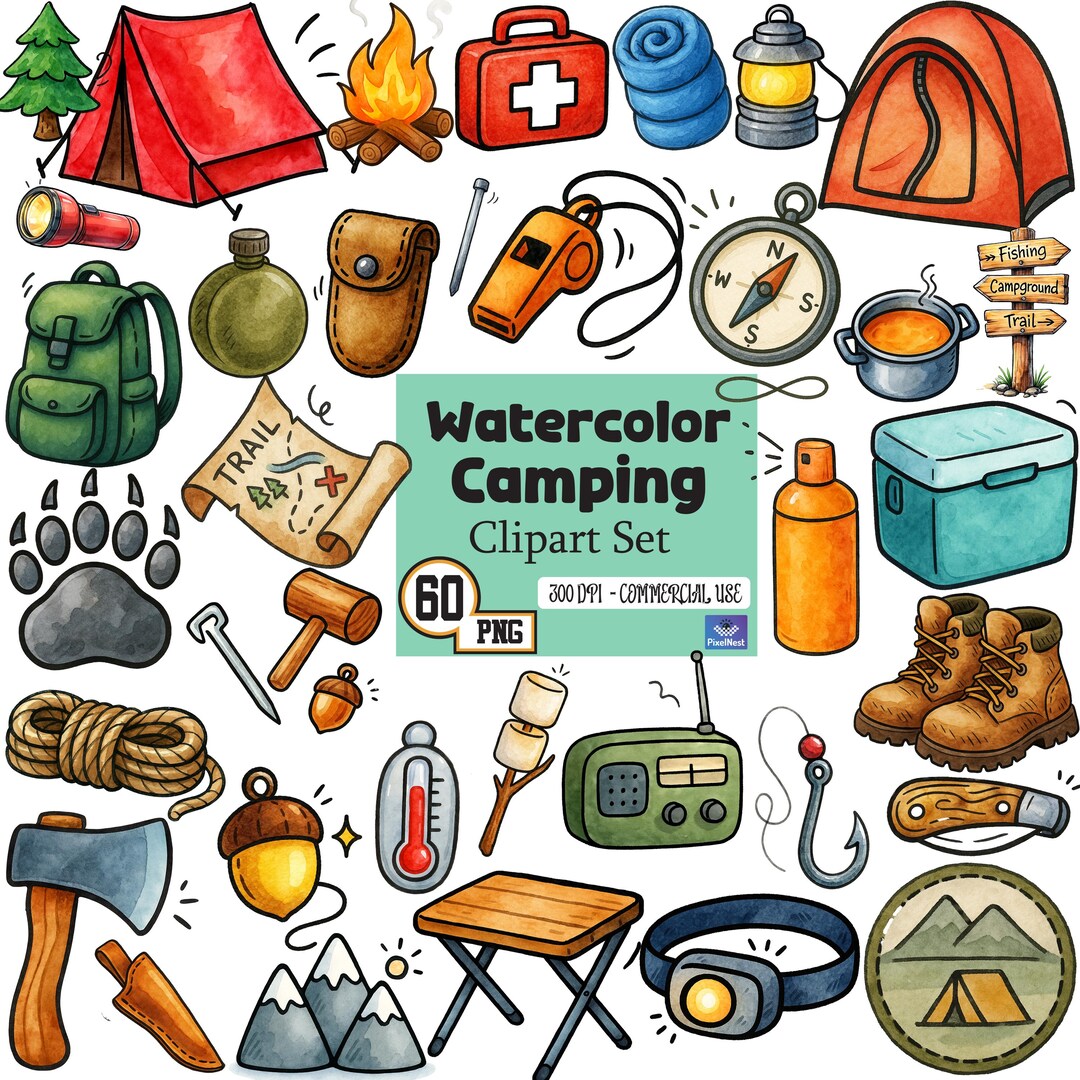 Watercolor Camping Clipart Bundle, Nature Travel Illustrations, Forest ...