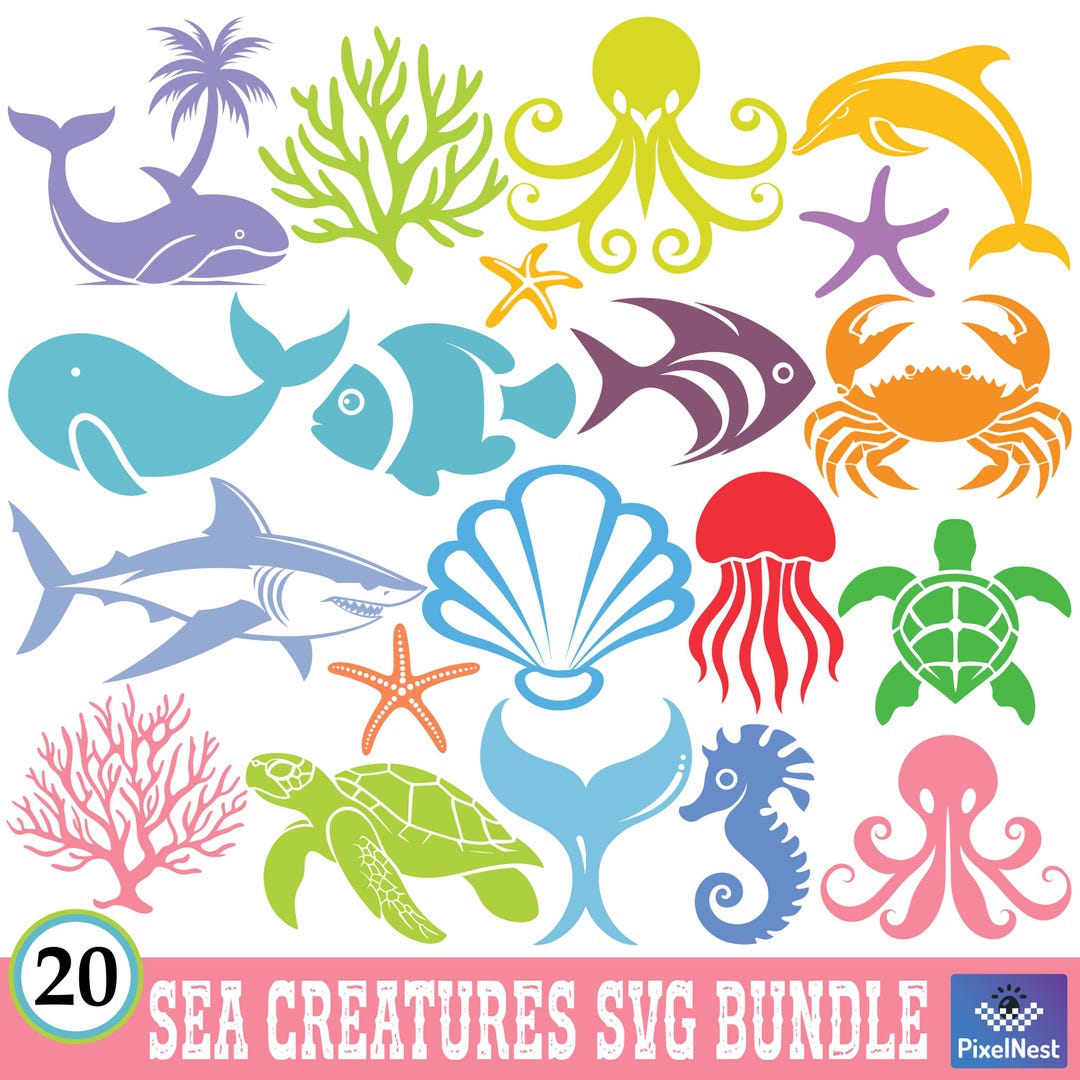 Sea Creatures SVG Bundle, Cute Ocean Animals Clipart, Sea Animals Png ...