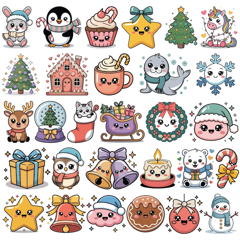 Kawaii Christmas Clipart Bundle, Cute Holiday SVG PNG, Cute Kawaii PNG ...
