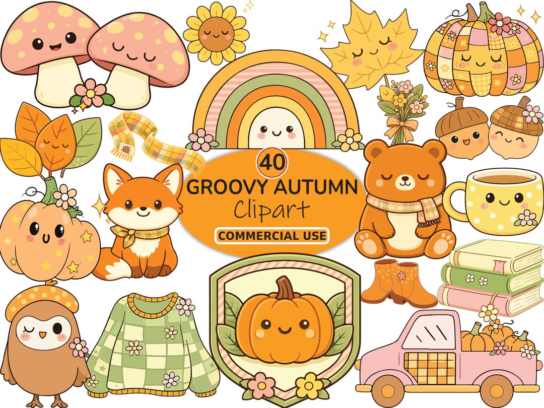 Groovy Autumn Clipart Bundle, Cute Retro Fall PNG Clipart Set, Cozy ...