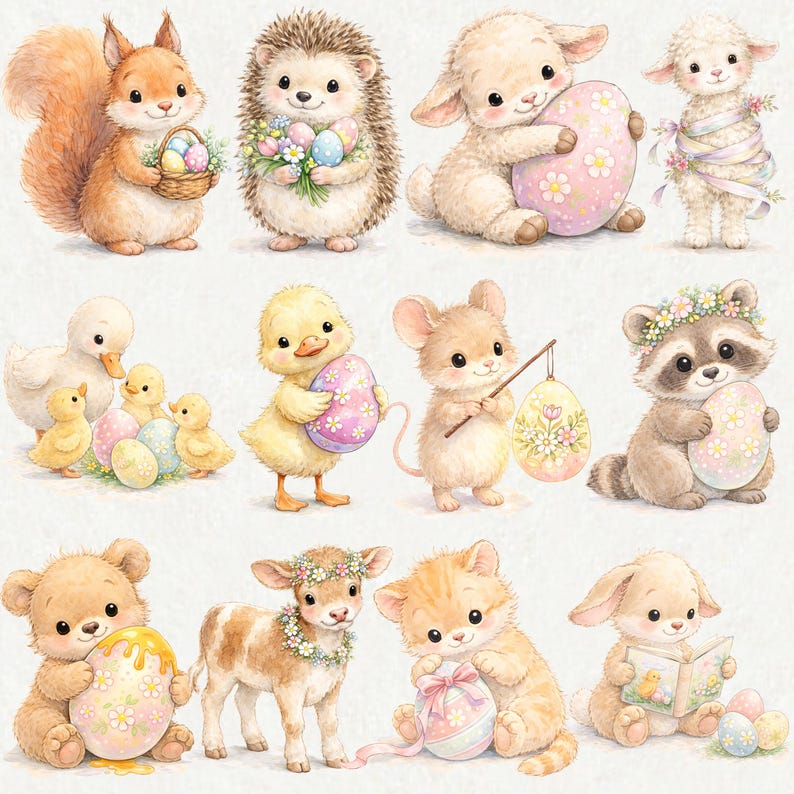Easter Animals Clipart Bundle, Watercolor Easter Bunny Duck Deer PNG ...