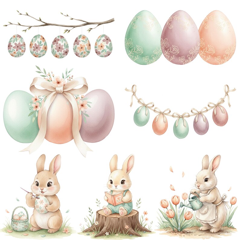 Easter Bunny Watercolor Clipart Bundle, Cute Bunny Pngs, Pastel Easter ...