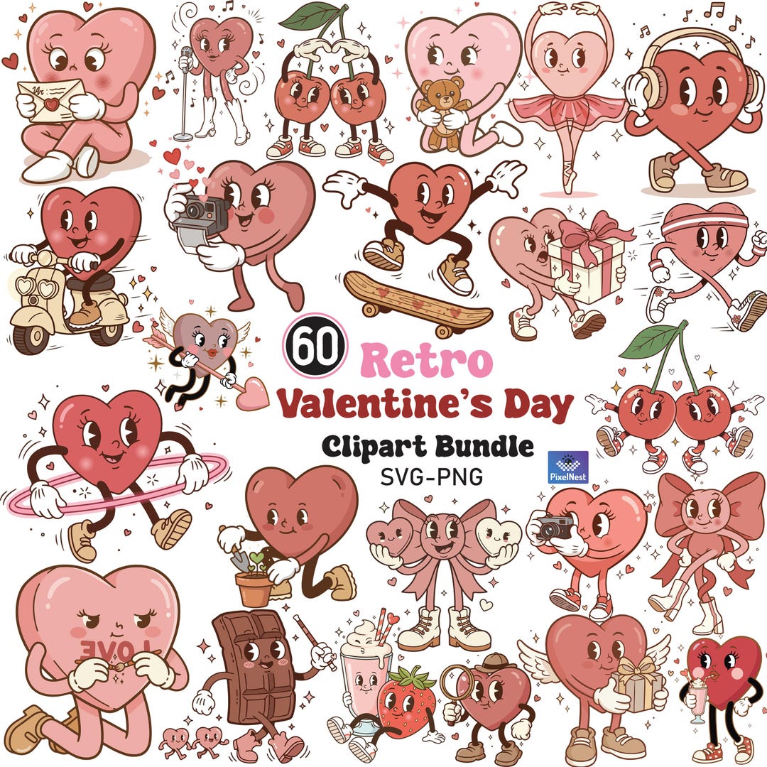 Retro Valentine Svg Bundle, Cute Heart Characters Png, Vintage ...
