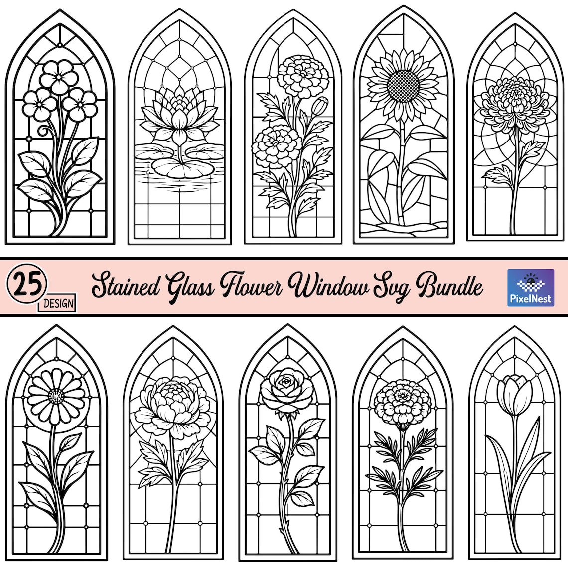 Stained Glass Flower Window SVG Bundle, Floral Cathedral Arch SVG ...