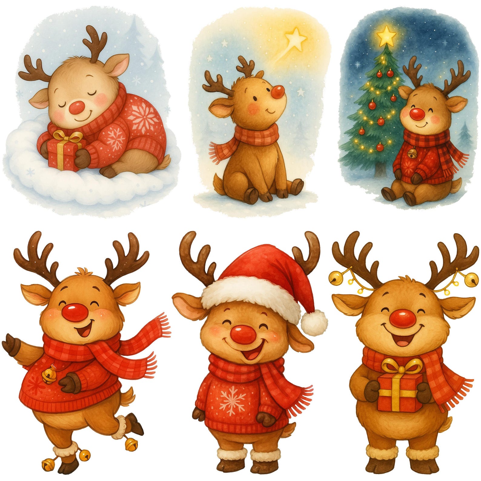 Christmas Reindeer Watercolor Clipart Bundle, Cute Reindeer PNG Set ...