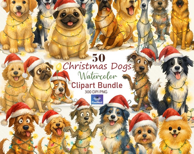 Christmas Dogs Watercolor Clipart Bundle: Holiday Puppy PNG (digital ...