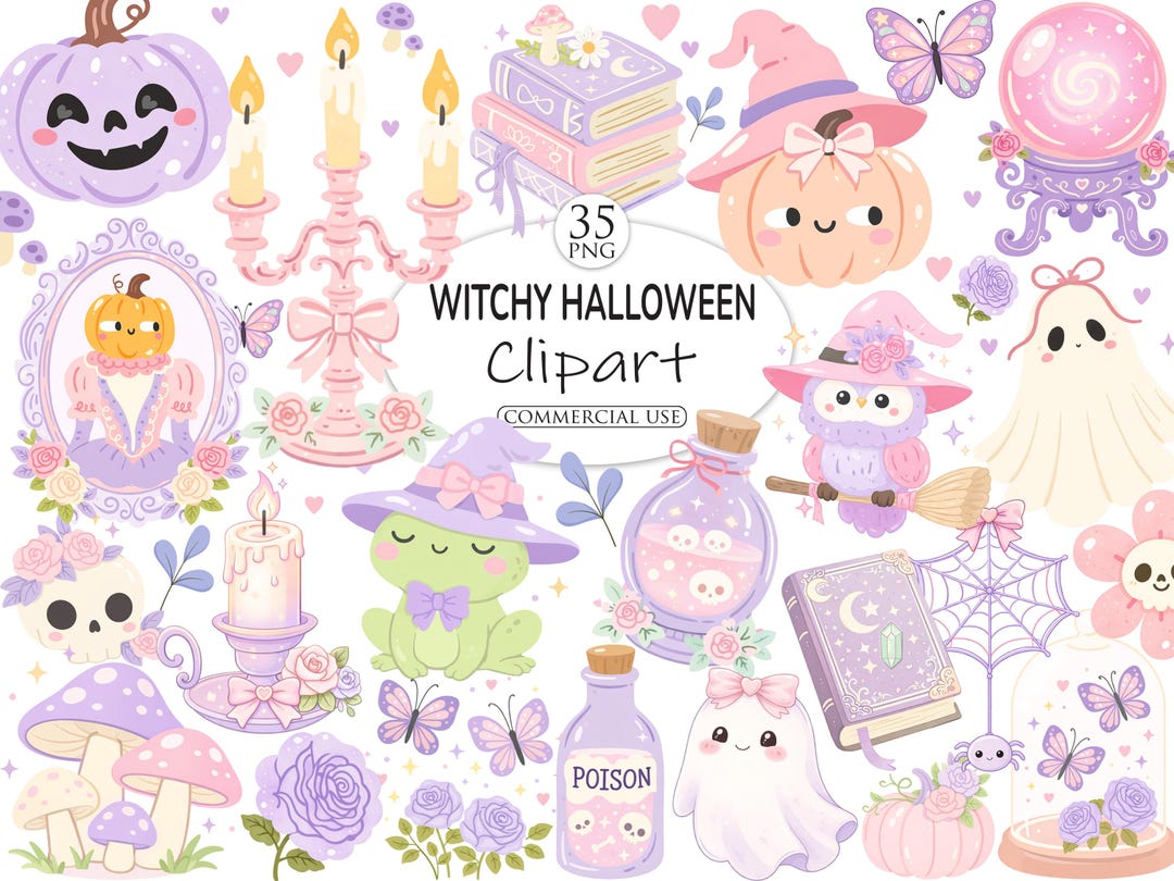Witchy Halloween Clipart Bundle, Cute Pastel Halloween Graphics, Kawaii ...