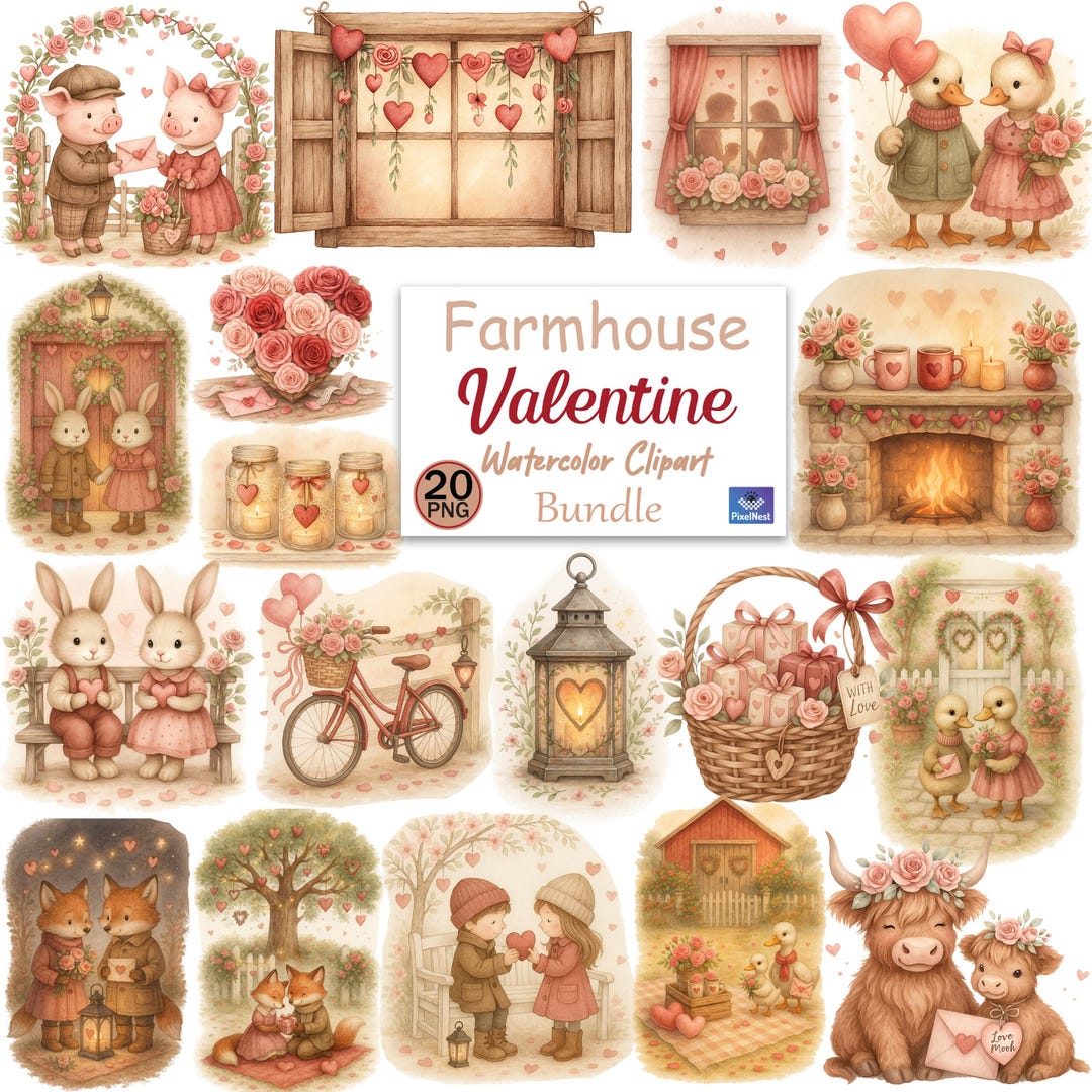 Farmhouse Valentine Clipart Bundle, Cute Watercolor Farmhouse Animals ...