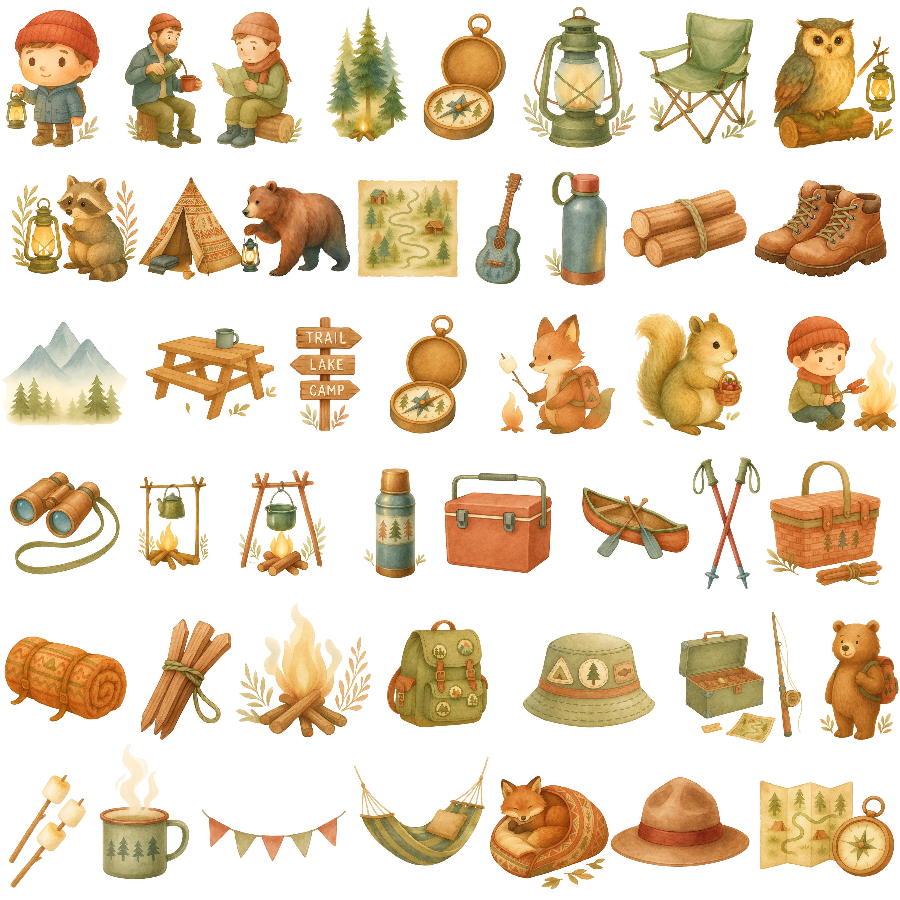 Camping Watercolor Clipart Png Bundle, Cute Woodland Camping Animals ...